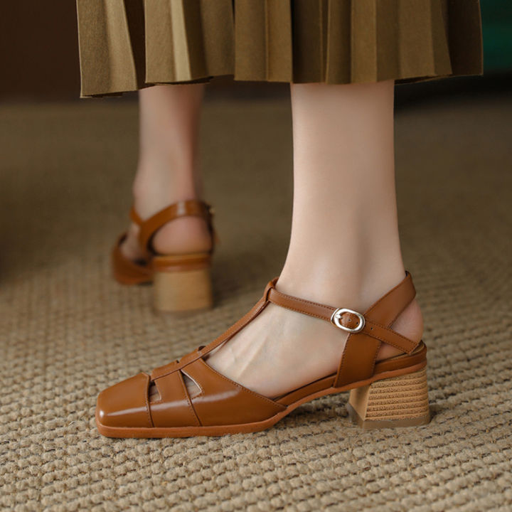 Retro Brown Closed Toe Sandals Women Summer New Genuine Leather Chunky ...