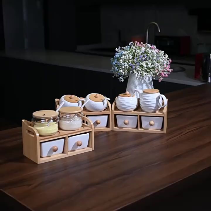 Tempat Penyimpanan Bumbu 4in1 Set Dapur Kaca Keramik Dengan Stand Kayu ...