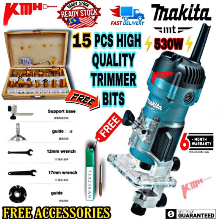 MAKITA M3700B WOOD TRIMMER ROUTER 6MM 530W + 6PCS ROUTER BIT SET MESIN PROPIL SATU TANGAN ️ ️🇲🇾 ...