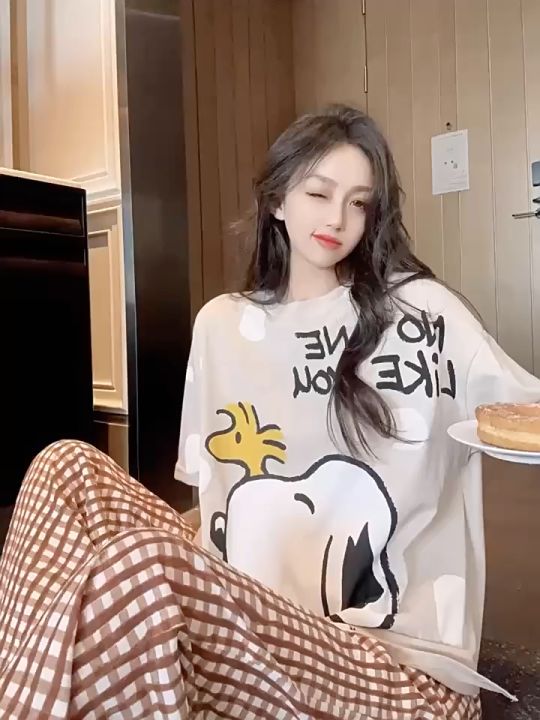 เซตชุดนอน snoopy กางเกงลายสกอต #ชุดเซ็ต #พร้อมส่ง | Lazada.co.th