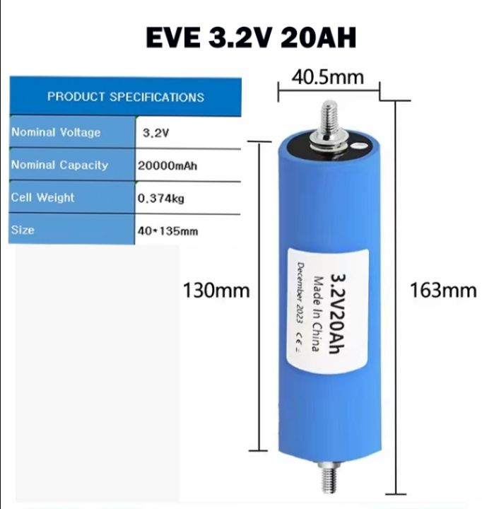 Battery lifepo4 3.2v 20AH Silinder 40*135mm Brand EVE Baru, Plus holder ...