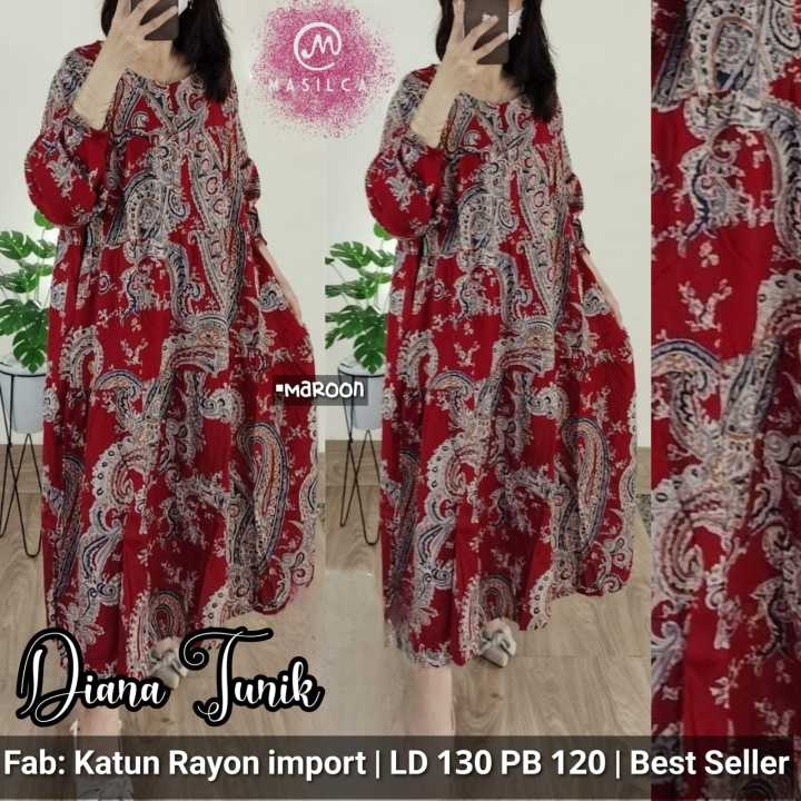 DIANA TUNIK/BLOUSE LONG TUNIK WANITA JUMBO/KATUN RAYON IMPORT LD 130 CM ...
