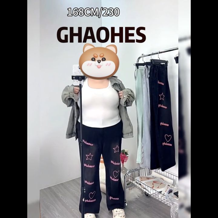 GHAOHES สไตล์อเมริกันวินเทจแฟชั่นสูงถนนสีชมพูตัวอักษรปักกางเกงยีนส์ตรงผู้หญิงหวานร้อนหลวมแสดงผอม ...