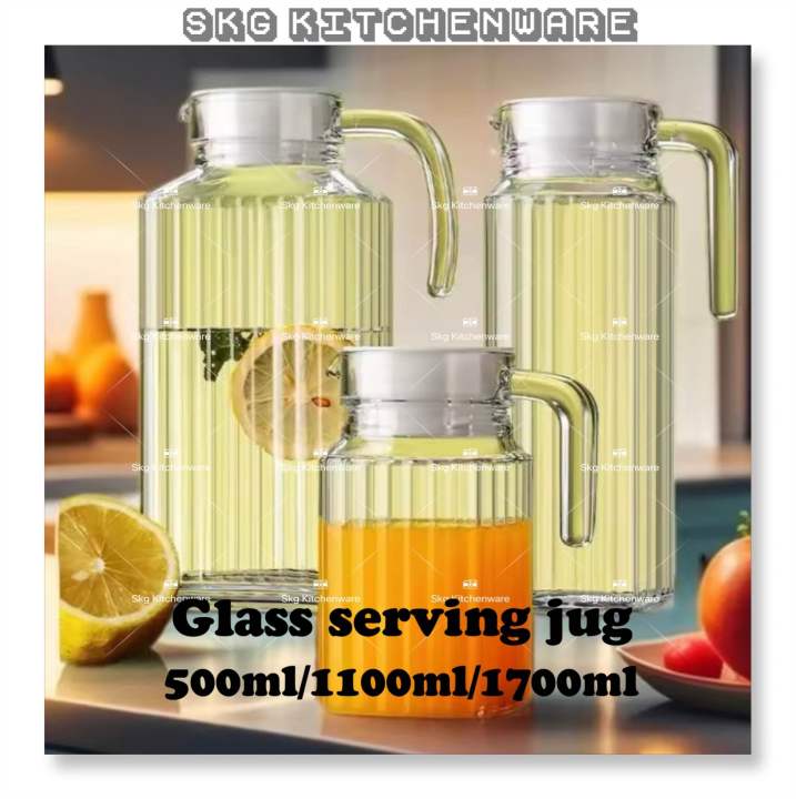 Ready Stock 500ml/1100ml/1700ml Drinking Glass Serving Jug With Lid Water Beverage Drink Juice ...