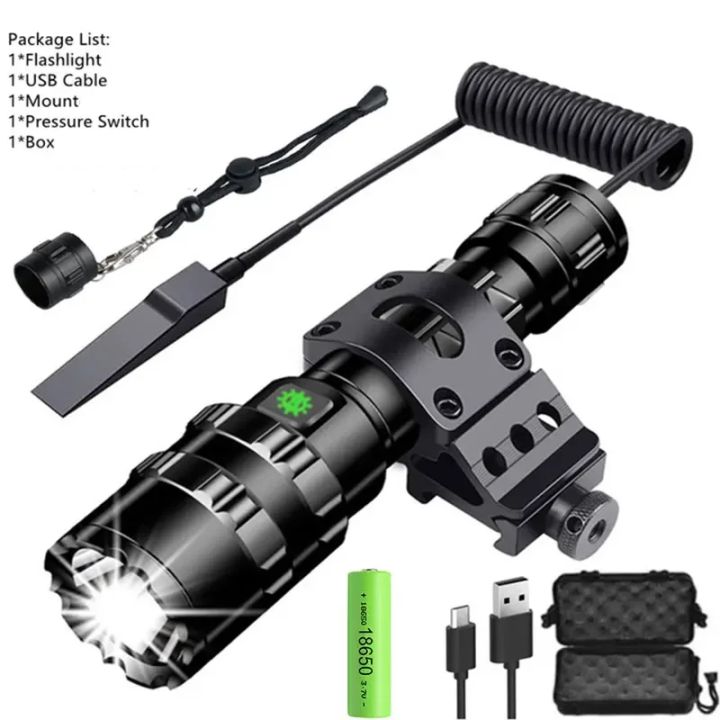 LED Tactical Hunting Flashlight USB Rechargeable Waterproof Torch Lamp ...