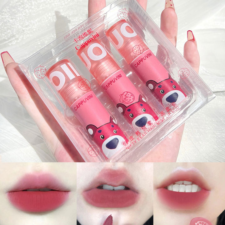 [COD]Bear Pattern Lip Mud Matte Texture Lip Gloss Low Saturation Velvet ...