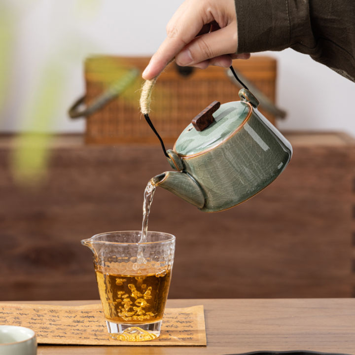 Teapot Ceramic Ice Crack Pattern Side Handle Tea Set Vintage Style Tea ...