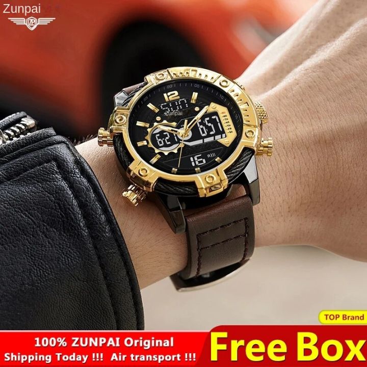 ZUNPAI Original Men's Watch Top Brand Luxury Leather Sports Watch Gold ...