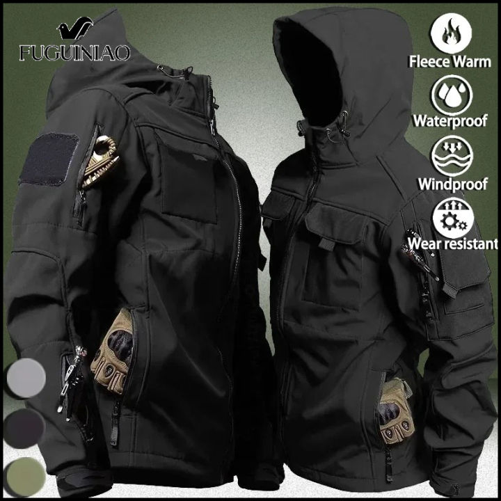FUGUINIAO Tactical Soft Shell Hooded Jackets Mens Outdoor Multi-pockets ...