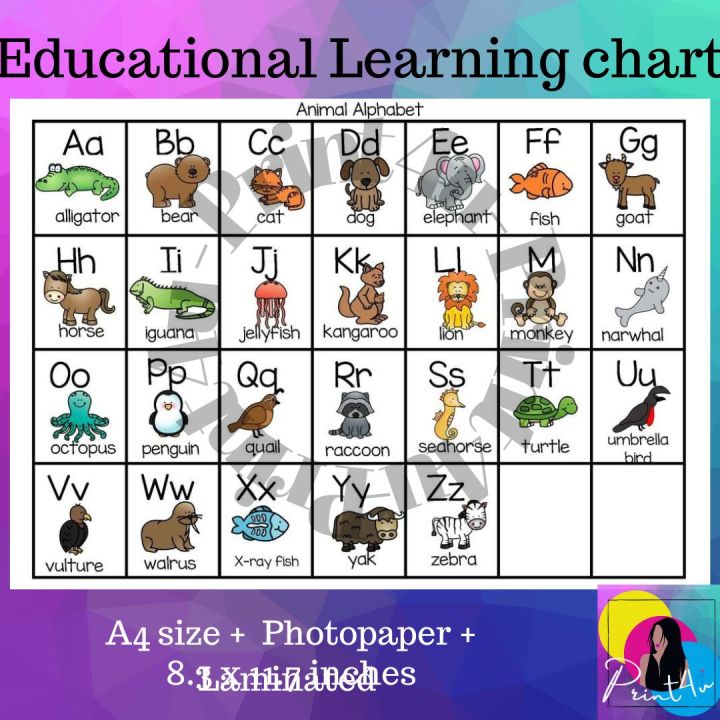 Animals Alphabet A-Z Learning chart A4 Laminated | Lazada PH