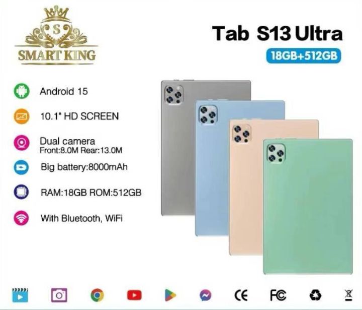 SmartKing S13 Ultra 5G Tab RAM18GB Memory 512GB IPS HD LCD Android 15.0 with Freebies and ...