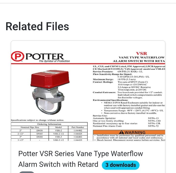 สวิทซ์ควบคุมน้ำต่างๆ Potter VS-SP Waterflow Detector, 1". 1.25". 1.5 ...