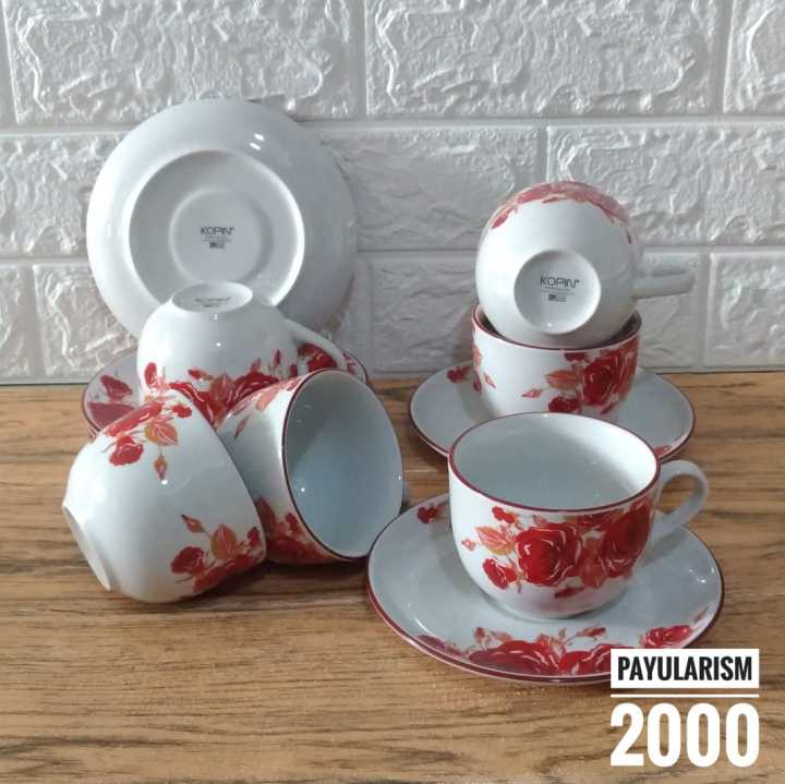 CANGKIR SET KOPIN, TEA SET 6 MOTIF BUNGA, GELAS TATAKAN SET 6 MAWAR ...