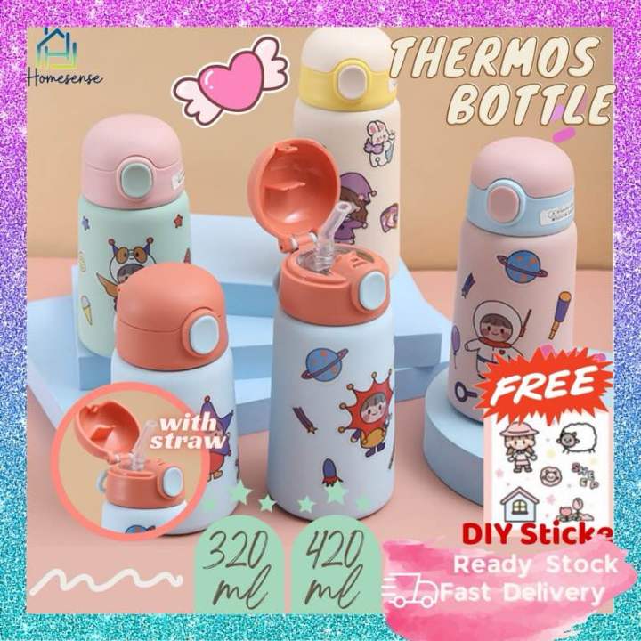 Children DIY Sticker with Straw Stainless Steel Water Bottle Tumbler ...