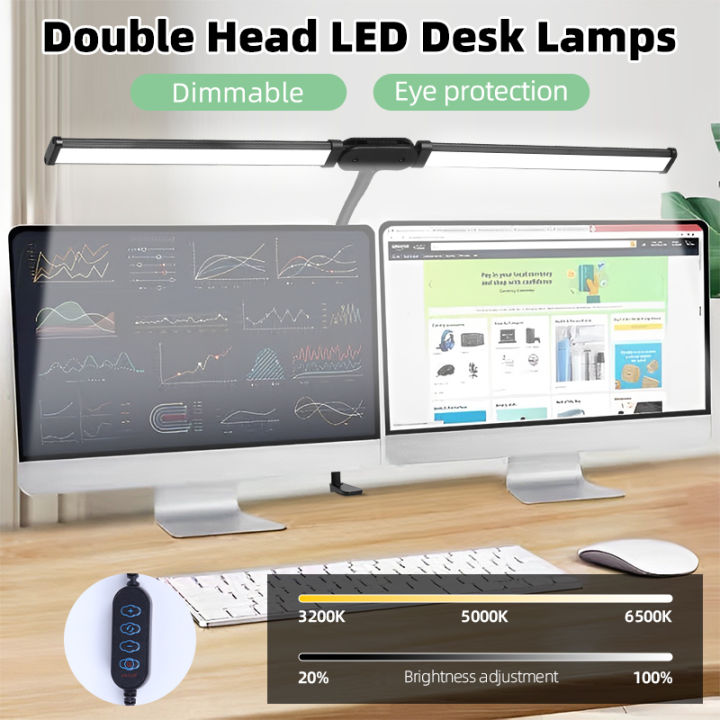 Dimmable Desk Lamp Double Head Table Lamps USB Led Reading Light Stand ...