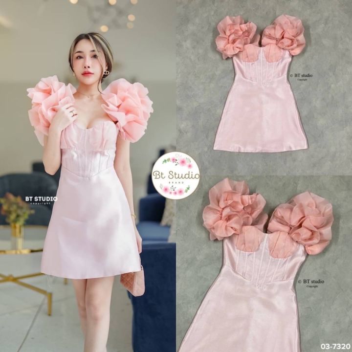 BT74 03-7320 พร้อมส่ง size xs เดรสสายละมุน เนื้อผ้าพรินเตอร์ แต่งแขนฟู ...