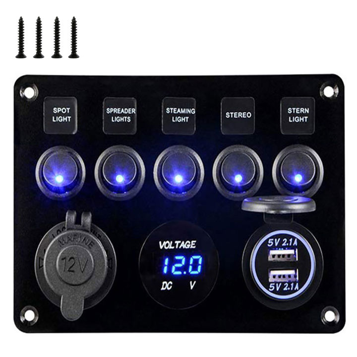 5 Gang Switch Panel 12V/24V Car Boat Marine Blue LED Rocker Breaker ...