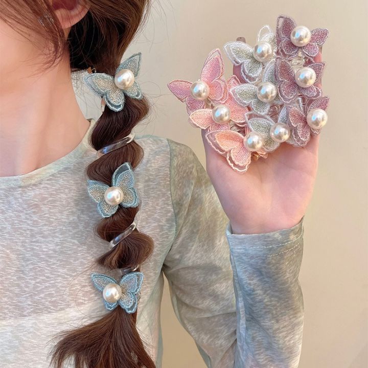 Pearl Butterfly Telephone Line Hair Rope Women Girls High Elastic ...