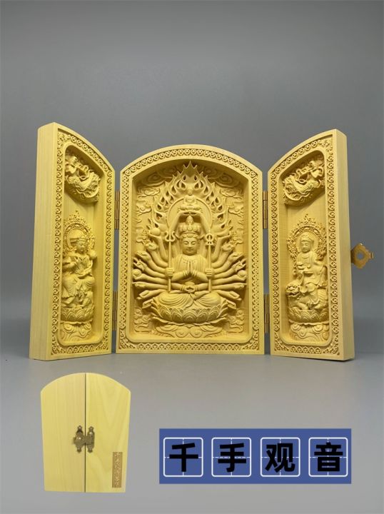 Carved Yellow Figurine Wood Three-Open Box Buddha Statue Personal ...