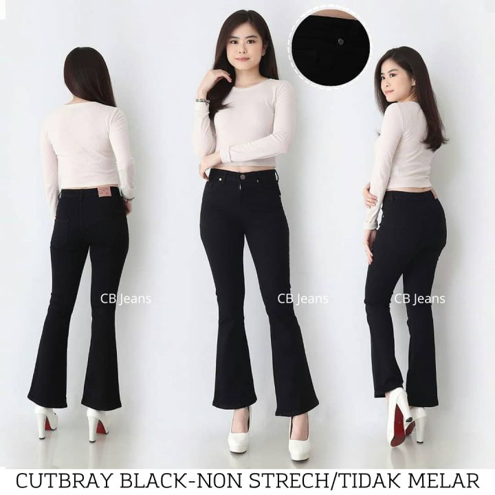 Highwaist Cutbray Jeans Wanita strech Hitam-PROMO | Lazada Indonesia