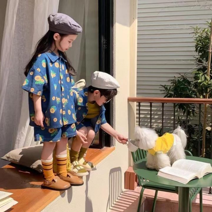 Gấu lãnh đạo quần áo trẻ em Bộ bé trai và bé gái màu xanh denim giả tay ...