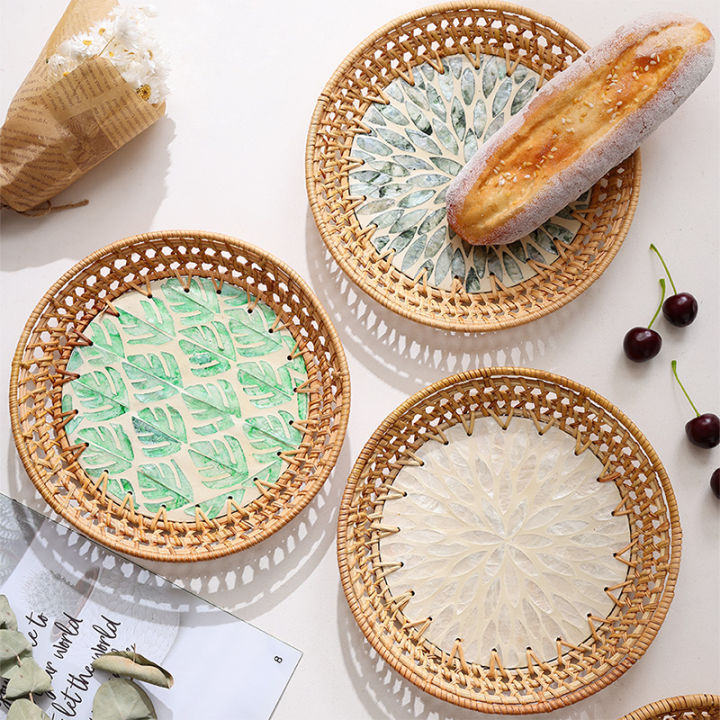 Rattan tray with mother-of-pearl inlay, bread basket for breakfast food ...
