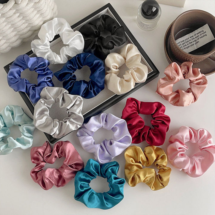 Fashion Women Girls Silky Satin Hair Scrunchies Solid Stretch Elastic ...