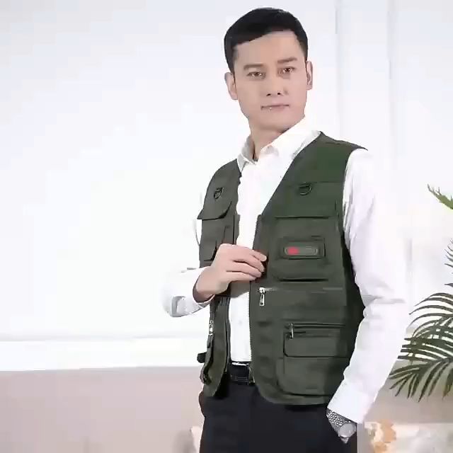 VUUG Men Waistcoat Solid Color 10 Pockets Zipper Sleeveless Spring Vest ...