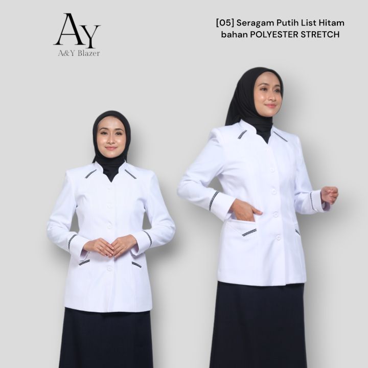 [05] Setelan Seragam Blazer PDH Wanita PUTIH LIST HITAM | BAHAN ...