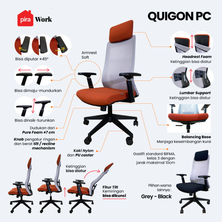 Workdesign - Quigon PC Kursi Kantor / Kursi Kerja Ergonomis dengan Lumbar Support | Lazada Indonesia