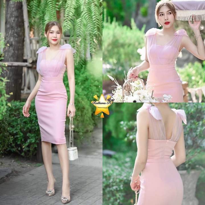 Rattana PT ชุดเดรสสีชมพู แต่งโบที่หัวไหล่ทั้ง 2 ข้าง เรียบหรู สวยดูแพง ทรงเข้ารูป | Lazada.co.th