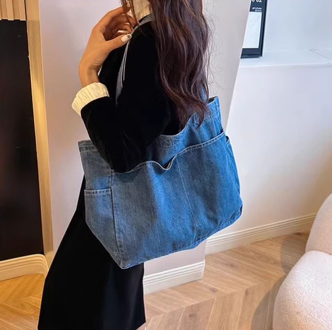 Large Capacity Denim Shoulder Bag Student Shopping Tote Bag Commuter ...