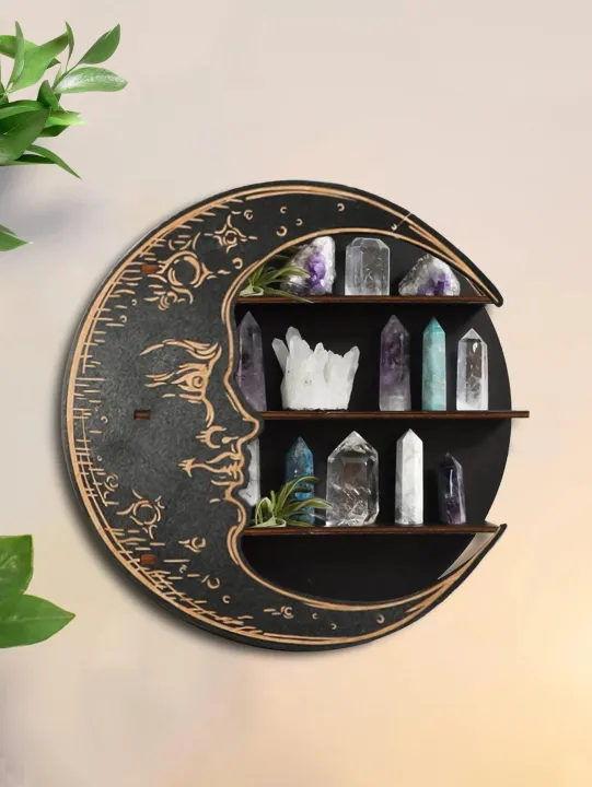 Wooden Shelf Moon Face Display Stand Floating Shelf Wall Decor Wall ...