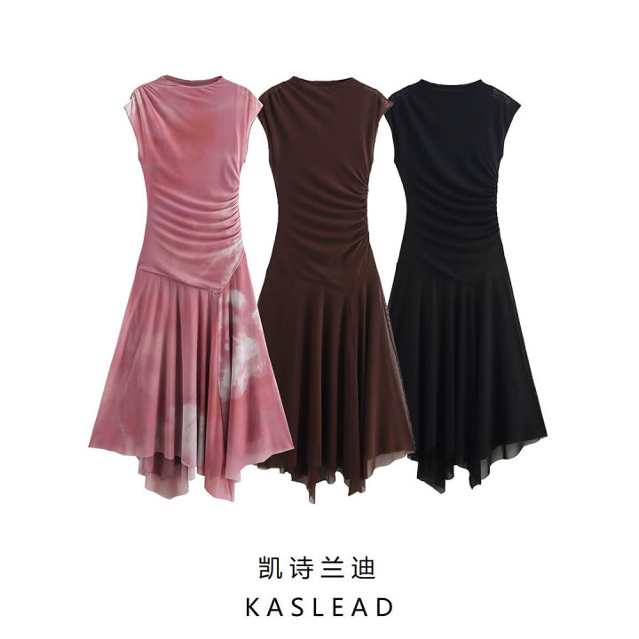 KASLEAD เสื้อผ้าผู้หญิงสไตล์ใหม่ กระโปรงยาวปานกลาง คอตั้ง ชุดเดรสจีบ ...