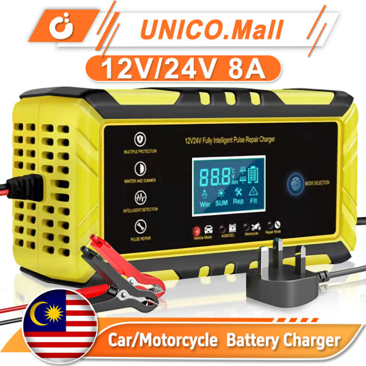 UNICO 12V/24V Car Battery Charger 8A Motorcycle and Car Acid Battery ...