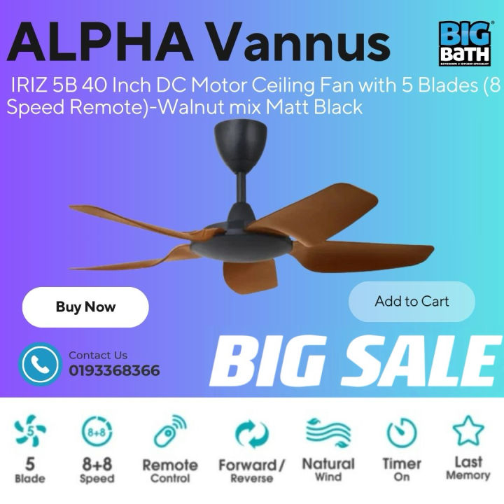 ALPHA Vannus - IRIZ 5B 40 Inch DC Motor Ceiling Fan with 5 Blades (8 Speed Remote)-Walnut mix ...