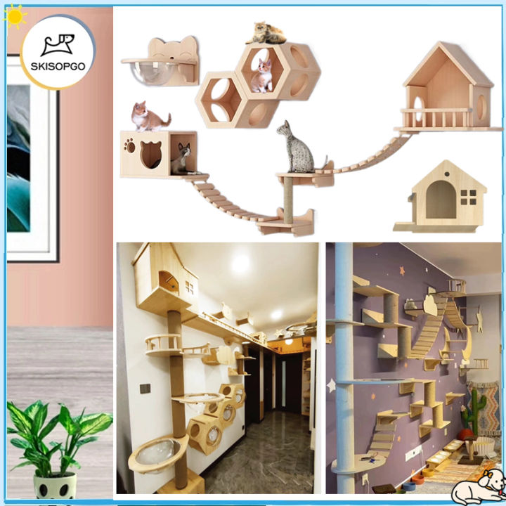 SKISOPGO DIY Cat Climbing Frame Solid Wood Wall Mounted Cat Tree Double ...