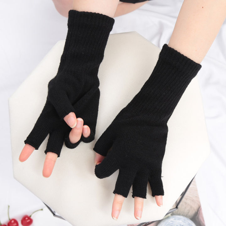 Black Knitted Gloves Winter Thermal Warm Fingerless Fashion Men Women ...