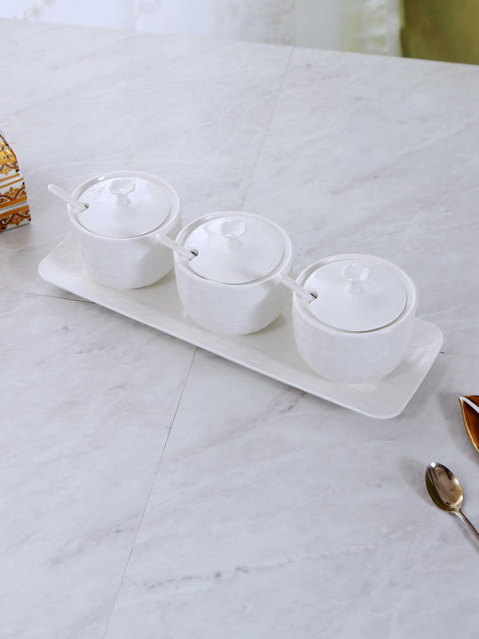 White Ceramic Seasoning Jar Set Small Square Anti-Slip Solid Color ...