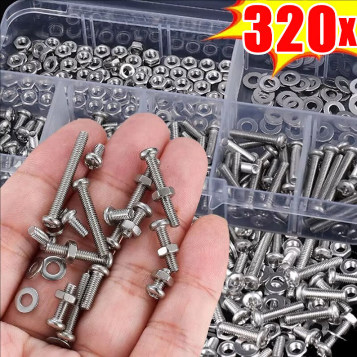 320Pcs/Box M3 Screw Nut Kit / Stainless Steel Hex Bolts Nut Flat Washer ...