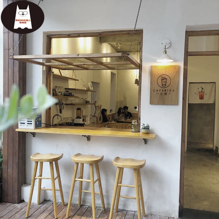 Solid Wood Bar Stool Coffee Shop Milk Tea Shop Front Desk High Stool ...