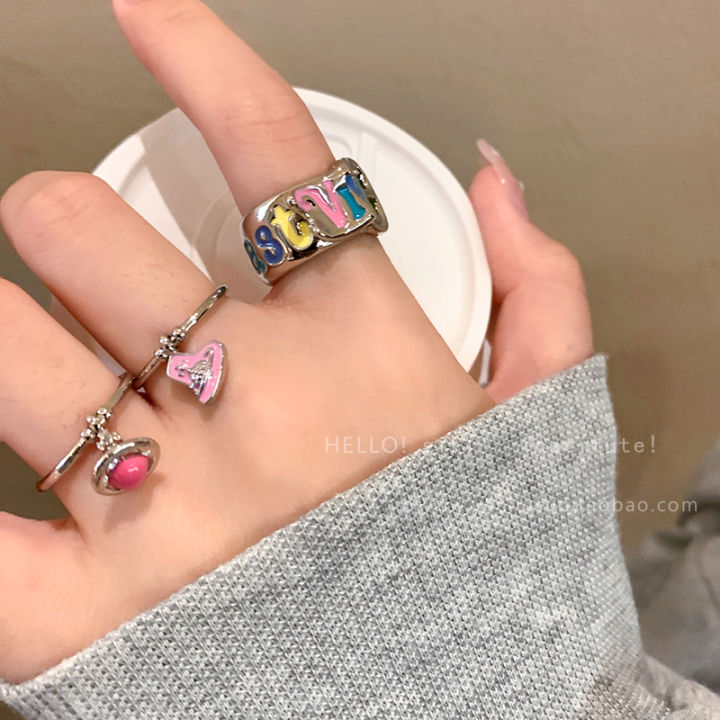 Colorful Letter Heart Saturn Pendant Ring for Women Luxury Unique Open ...