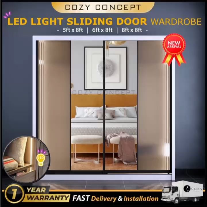 [FREE INSTALL] Almari Baju Full Glass Cermin with LED Light /Mirror ...