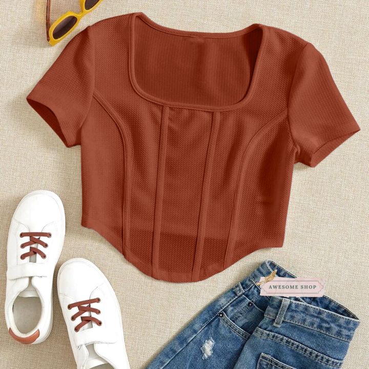 Awesome PLUS SIZE Square Neck Seam Detail Curved Hem Blouse 31138# | Lazada PH