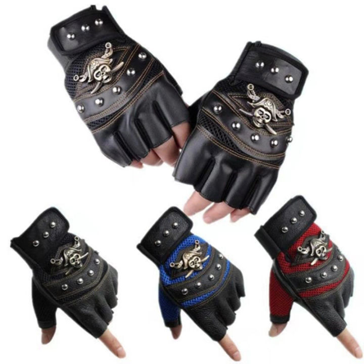 Pirate Captain PU Leather Fingerless Gloves Men Women Skulls Rivet ...