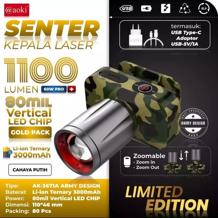 Senter Kepala Zoom Aoki 60 Watt pro 1100 lumen army senter kepala laser ...