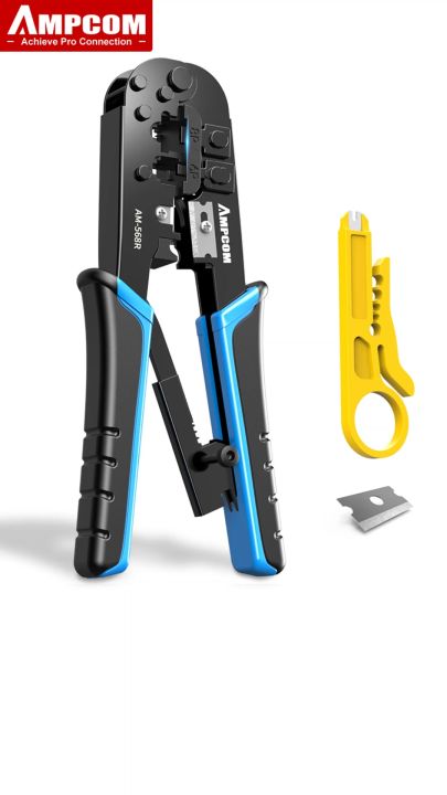 AMPCOM RJ11 RJ45 Ratchet Crimping Tool Ethernet Network LAN Cable Crimper Cutter Stripper Plier ...