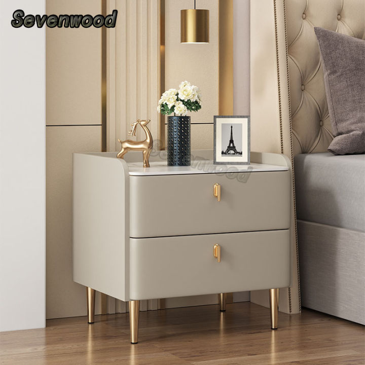 Sevenwood Bedside Table Solid Wood Leather Bedroom Bedside Table Simple ...