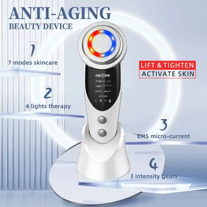 7 in 1 RF&EMS Micro Current Lifting Device Vibration LED Face Skin Rejuvenation Wrinkle Remover ...