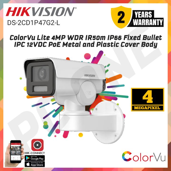 DS-2CD1P47G2-L HIKVISION ColorVu Lite 4MP WDR IR50m IP66 Fixed Bullet IPC 12VDC PoE Metal and ...